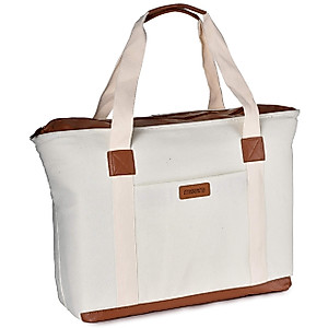 Masirs Insulated Grocery Bag with Zippered Top, Thermal Reusable Canvas for Groceries, Travel Picnic Leakproof Cooler Bags Keep Foods Cold or Hot for Hours, Sturdy Zipper Closure & Pocket