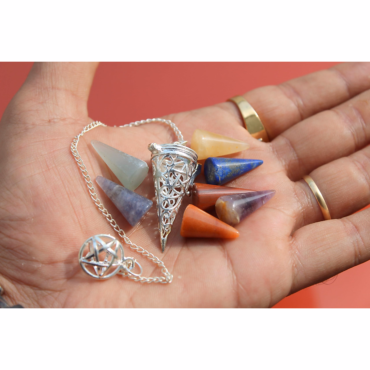 Jet International Jet Chakra Cage Pendulum 2" Free Booklet Crystal Therapy Interchangeable Chakra Cone Silver w/Pouch Divination Wicca Yes/No Pagan (Pentacle Star)