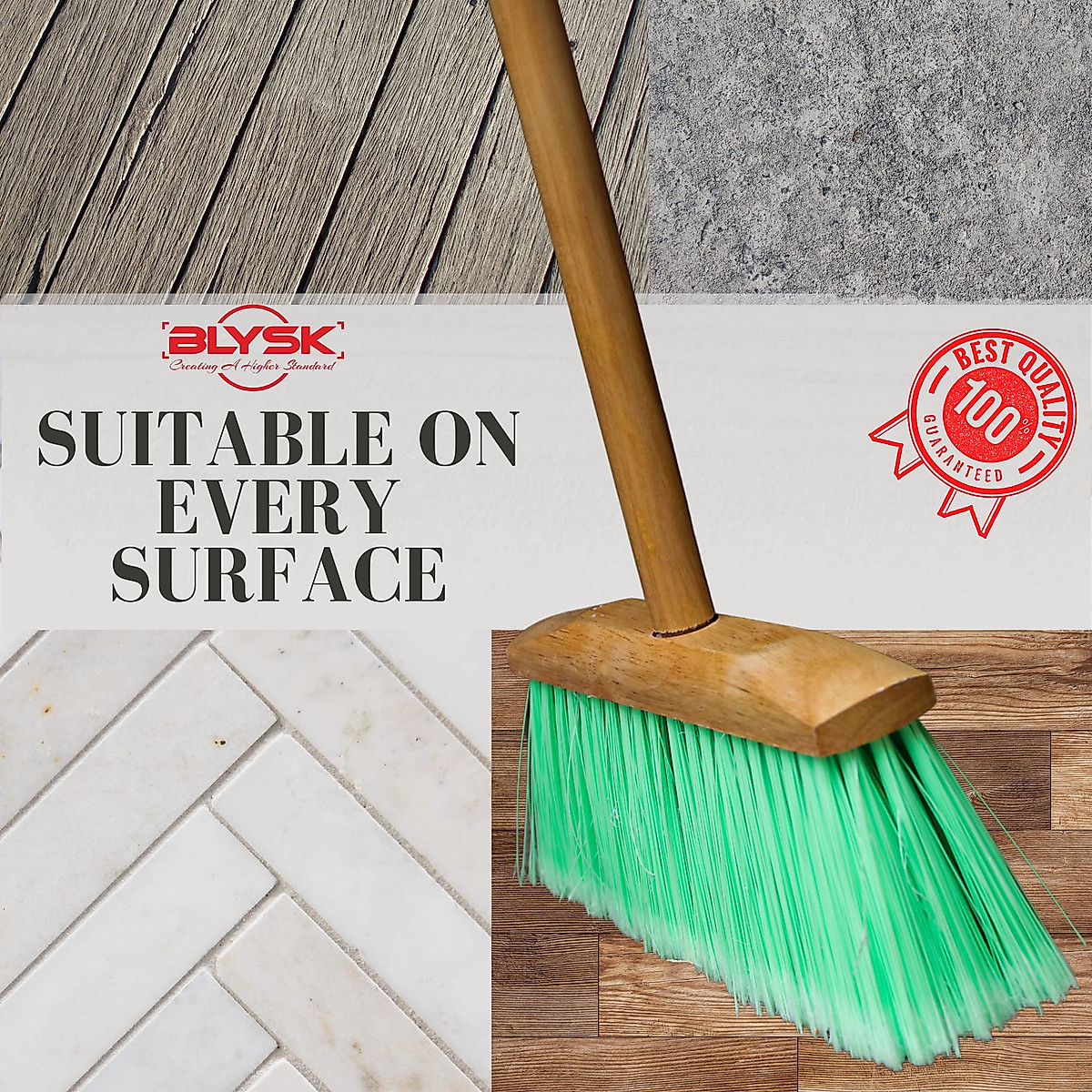 BLYSK Indoor/Outdoor Heavy Duty Wooden Broom Brush, Sweeper, Head Replacement Soft bristles, Great use for Home, Kitchen, Room, Office, Patio, Deck Floor (Broom Head with a Handle)