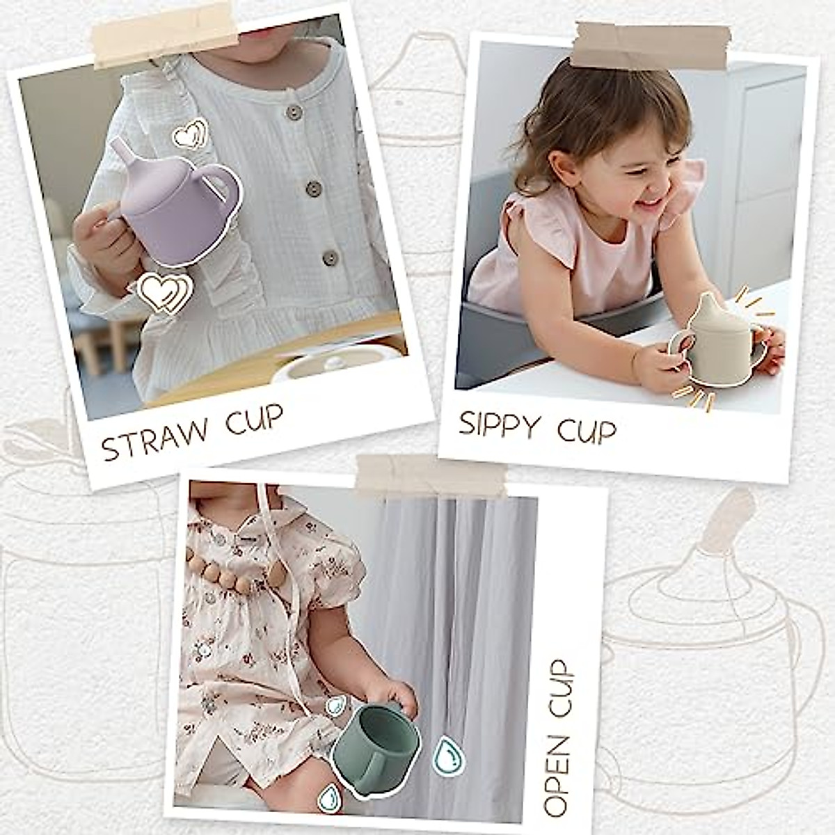 Moonkie Silicone Baby Sippy Cups | 3 Stages Training Cup Straw Cup for Infants Toddlers and Kid, 4 oz (Blush)