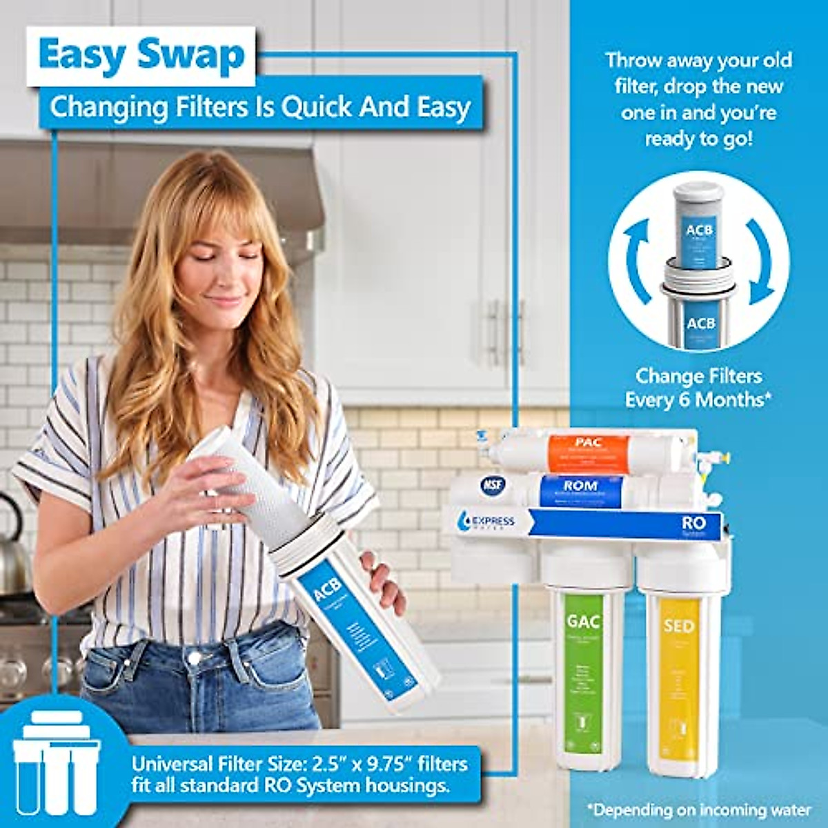 Express Water – 25 Pack Activated Carbon Block ACB Water Filter Replacement – 5 Micron, 10 inch Filter – Under Sink and Reverse Osmosis System
