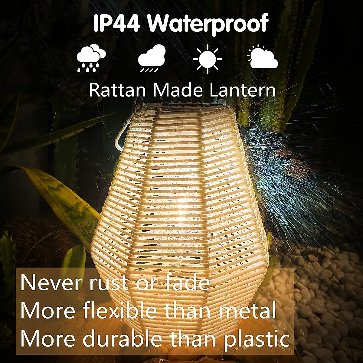 Rattan Outdoor Solar Lantern - Waterproof Hanging Table Solar Lanterns - White Woven Decorative Solar Lamp Lights with Handle for Patio Yard Garden Decoration (Edison Bulb)