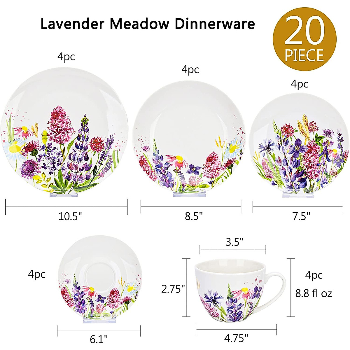 STP Porcelain J-217520 Dinnerware Set for 4, Lavender Fields, Bone China Porcelain, Dinner Plates, Bowls, Dessert Plates, Cups with Saucer, 20 pcs