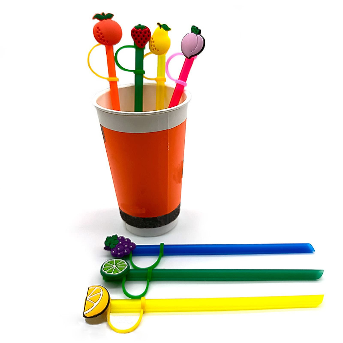 Straw Cover, 9Pcs Silicone Straw Topper, Cute Silicone Reusable Drinking Straw Caps Lids, Soft Silicone Straw Plugs for 7-8 mm Straws(Fruit Straw Cap)