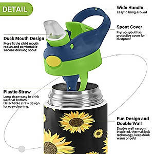 Black Sunflower Kids Water Bottle, BPA-Free Vacuum Insulated Stainless Steel Water Bottle with Straw Lid Double Walled Leakproof Flask for Girls Boys Toddlers, 12Oz