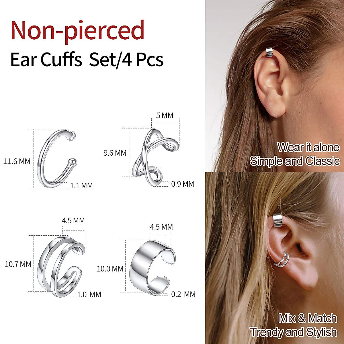 ChicSilver 4 PCS S925 Sterling Silver Criss Cross Ear Cuff No Pierce Ear Cuff Sets Double Simple Lines Ear Cuff Fake Cartilage Earring Helix Piercing
