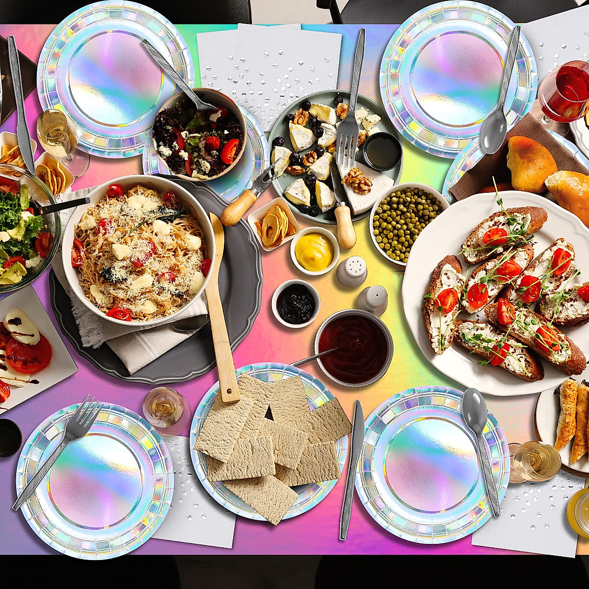 Iridescent Party Supplies Decorations, Holographic Paper Plates and Napkins Set, Disposable Iridescent Paper Plates Cups Knives Spoons Fork Straw for Mermaid Birthday Wedding Party, Serve 25