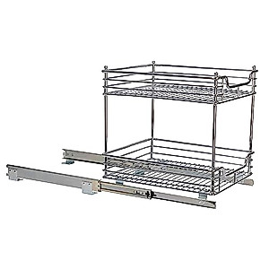 Household Essentials Glidez Multipurpose Chrome-Plated Steel Pull-Out/Slide-Out Storage Organizer for Under Cabinet Use - 2-Tier Design - Fits Standard Size Cabinet or Shelf, Chrome