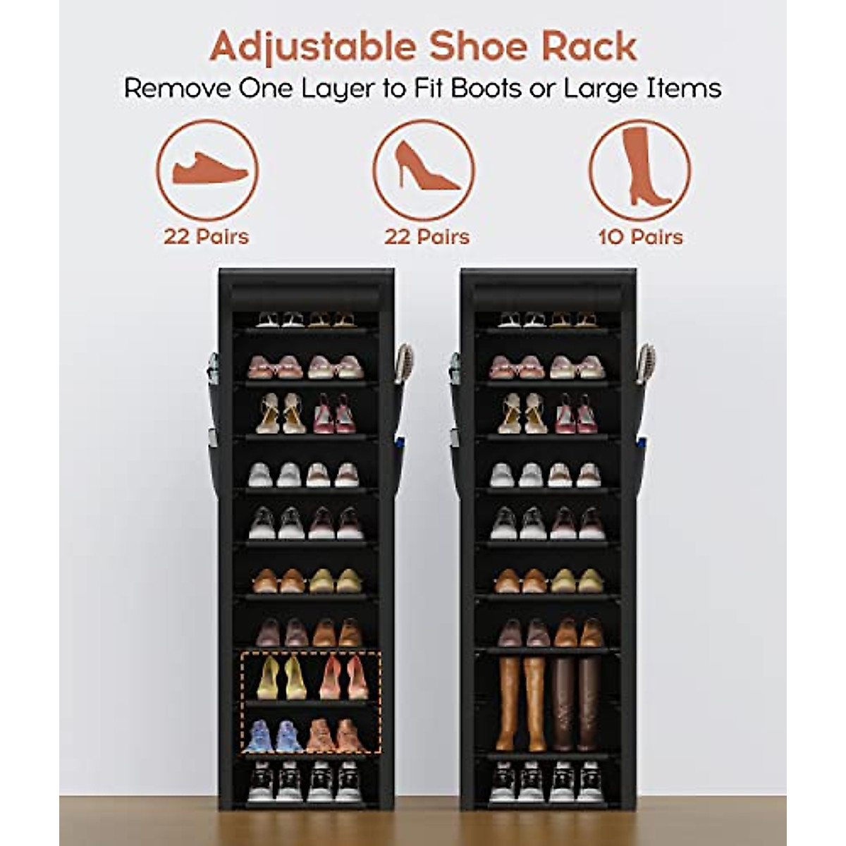 VTRIN Narrow Shoe Rack with Covers 10 Tiers Tall Shoe Rack for Closet Entryway Sturdy Shoe Rack Organizer Holds 20-22 Pairs Free Standing Shoe Storage Cabinet with Dustproof Cover Shoe Shelf