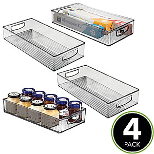 mDesign Plastic Stackable Kitchen Pantry Cabinet, Refrigerator or Freezer Food Storage Bin with Handles - Organizer for Fruit, Yogurt, Snacks, Pasta - BPA Free, 16" Long, 4 Pack - Smoke Gray