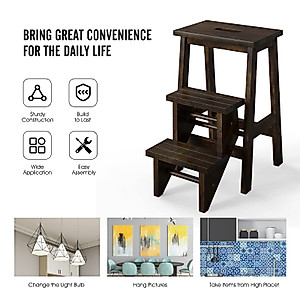 Giantex Folding 3 Tier Step Ladder, Multifunction 3-in-1 Wood Step Stool with Anti-Slip, Convenient Handle, Display Ladder and Storage Shelf for Library, Home Kitchen, Household Work, Garage (Brown)