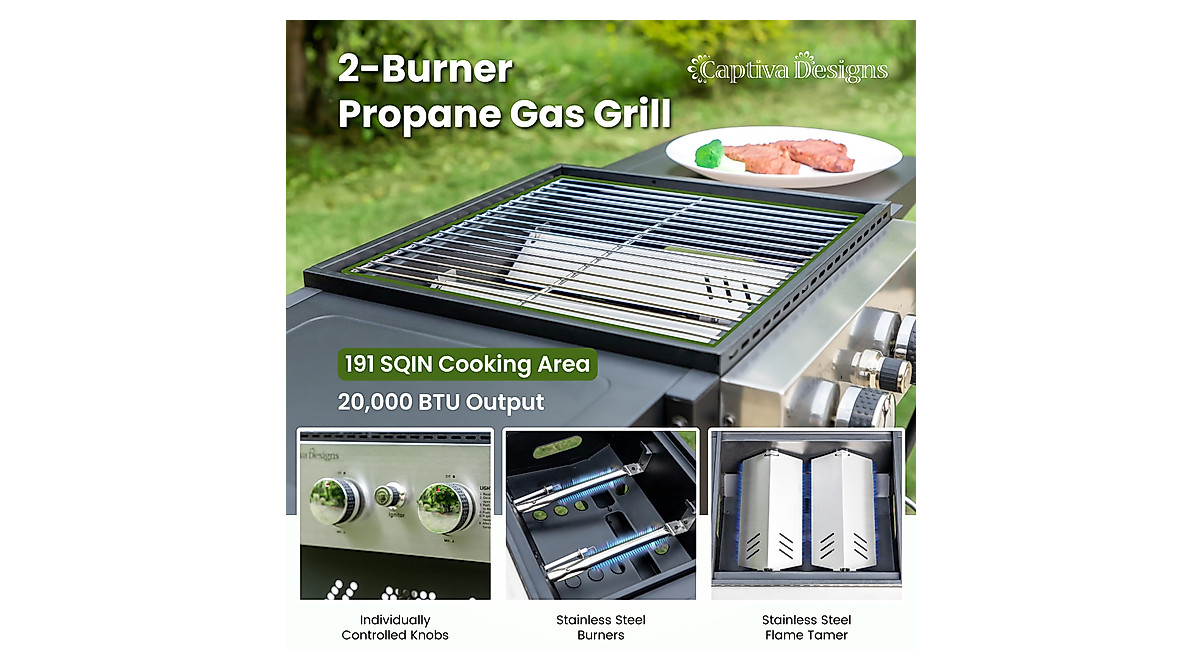 Captiva Designs 2-Burner Propane BBQ Grill for Small Spaces