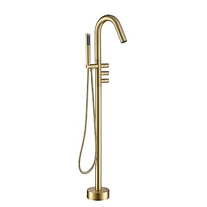 Freestanding Bathtub Faucet Floor Mount Tub Filler Faucet with Handheld Shower 360° Swivel Bathtub Faucet Set with Stainless Steel Water Supply Pipe, Brushed Gold