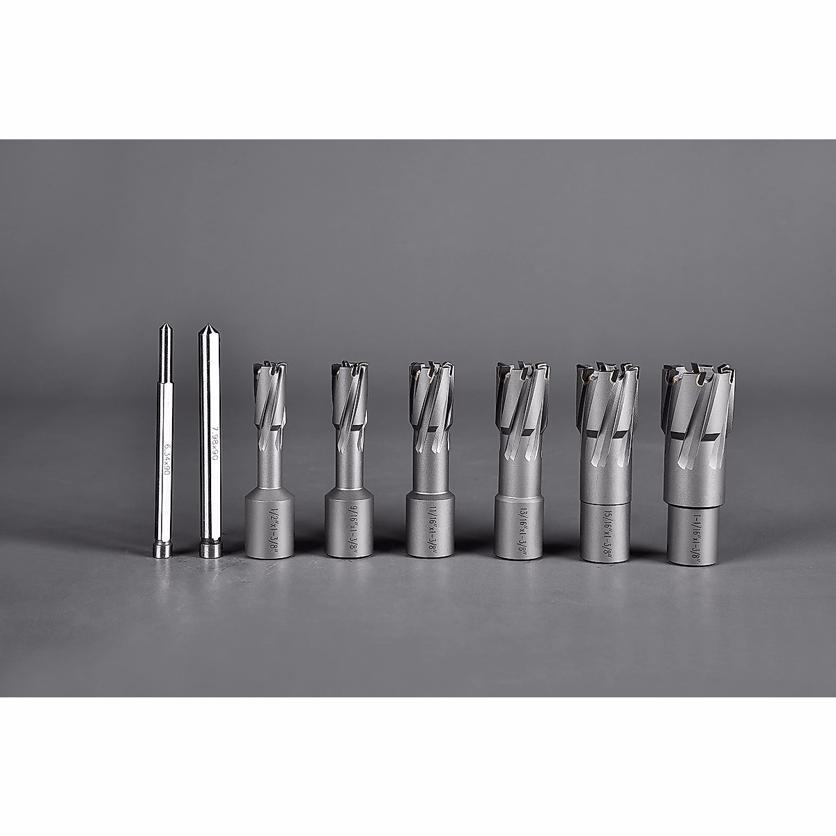 Annular Cutter Set Carbide 8pcs JESTUOUS 3/4 Inch Weldon Shank 1-3/8 Cutting Depth and Cutting Diameter from 1/2 to 1-1/16 Two Flat TCT Bit for Drill Press with 2 Pilot Pins