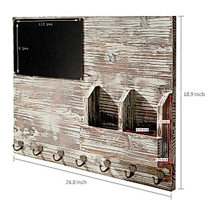 MyGift Torched Wood Wall Mounted Entryway Key Hook Rack, All-in-One Organizer with Chalkboard, Memo Clips, Mail Sorter and Hanging Hooks