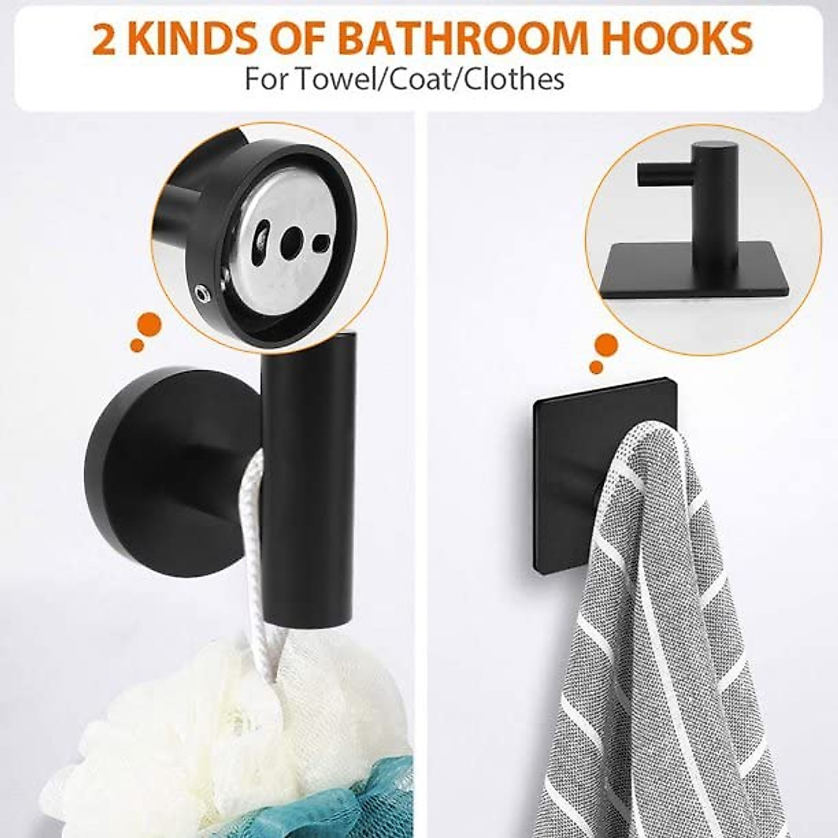 5 PCS Matte Black Bathroom Hardware Set,304 Stainless Steel Towel Rack Set Round Wall Mounted Includes 16" Hand Towel Bar,Toilet Paper Holder,3 Towel Hooks Bathroom Accessories Kit (Black)
