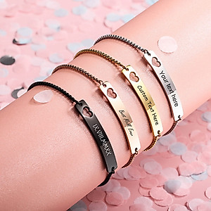 MeMeDIY Personalized Bar Heart Bracelet Custom Engraving Name Date ID for Women Mom Girlfriend Stainless Steel Adjustable Anklet Link Best Friend Bridesmaid Gift(Rose Gold Color)