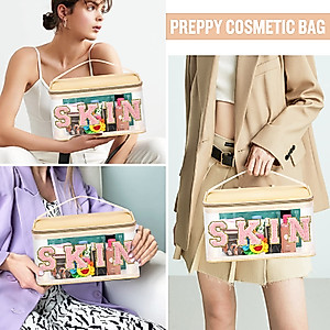 Chenille Letter Clear Makeup Bags Skin Pouch, Preppy Patch Makeup Bag Zipper with Handle, Transparent PVC & Nylon Waterproof Glitter Cosmetic Handbag Travel Toiletry Storage for Women Girl(SKIN-Beige)