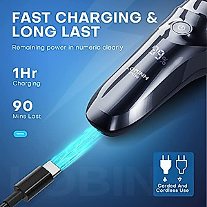 Men's Electric Shaver - LOBINH 3D Rechargeable Waterproof IPX7 Wet & Dry Shaving Electric Razor Rotary Shaver for Men with Pop-up Sideburn Trimmer,1 Hour Fast Charging, LCD Power Indicator - PA188