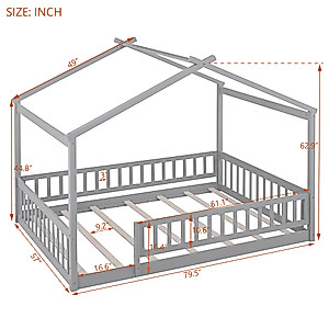 Polibi Full Size Wood Floor Bed Frame,Full House-Shaped Bed Daybed with Fence, for Kids Teens Girls Boys,Gray