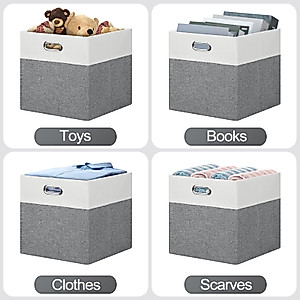 Bellzacasa Storage Cubes, 13×13×13 Linen Fabric Collapsible Storage Bins for Organization, Foldable Storage Baskets with Handles for Closet, Shelves, Offices, Toys, Set of 4, White&Gray