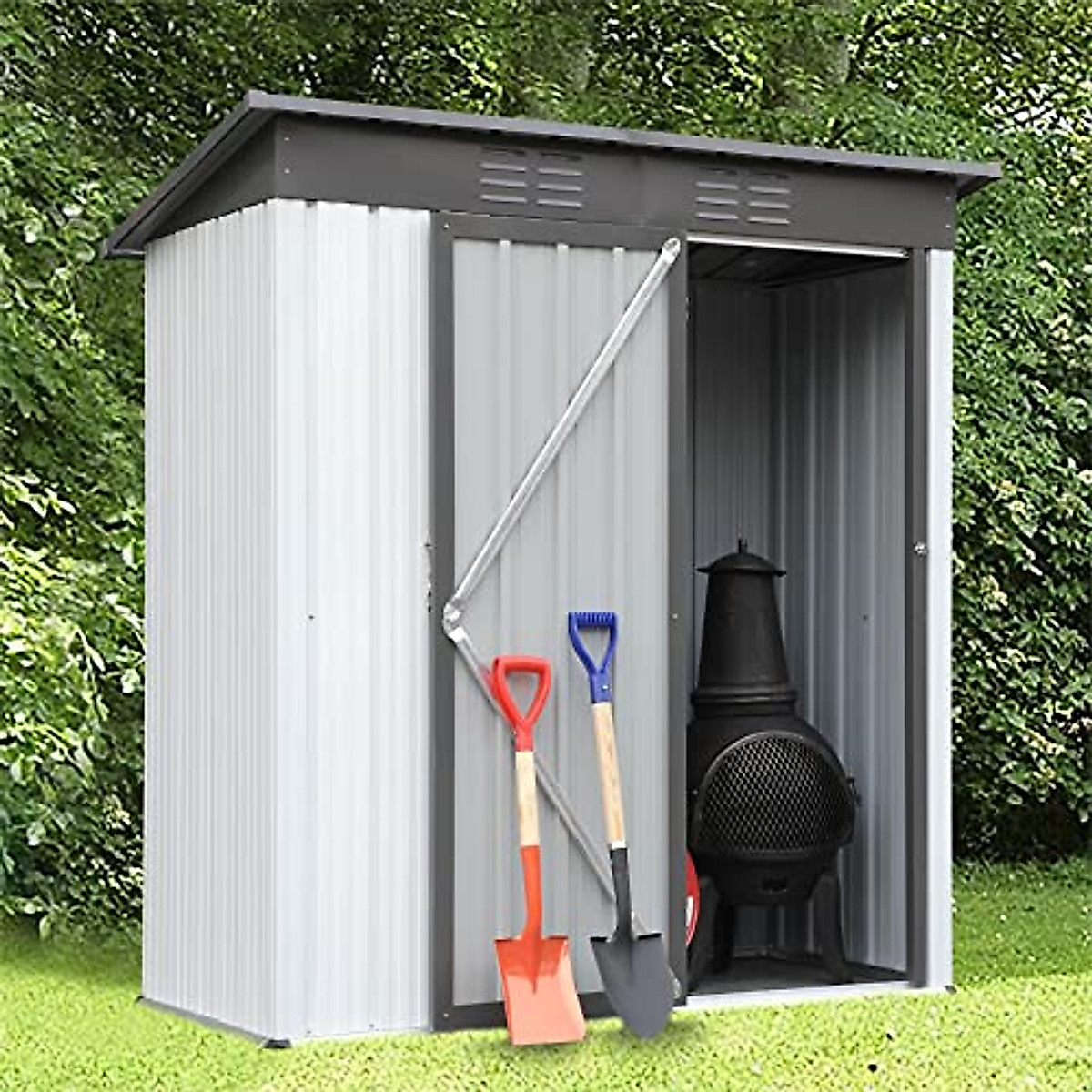 Evedy 5x3Ft Outdoor Storage Shed, Galvanized Metal Garden Shed with Lockable Doors, Tool Storage Shed for Patio Lawn Backyard Trash Cans,Gray