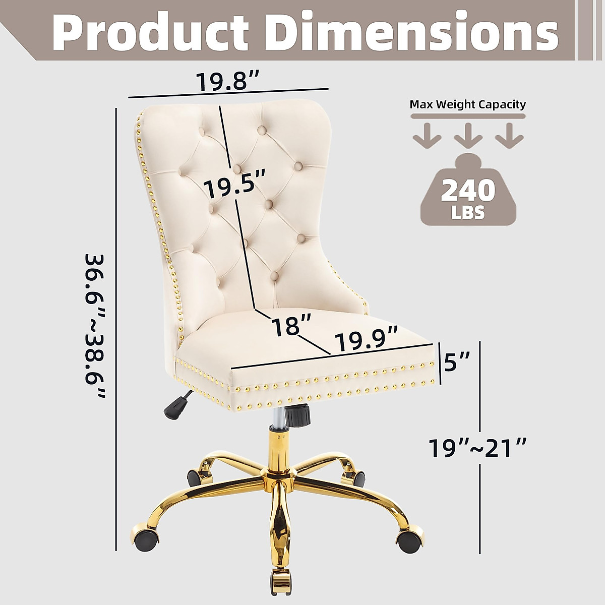 GOOLON Velvet Home Office Desk Chair, Height Adjustable Vanity Chair withTufted Back, Swivel Comfy Seat, Luxury Rivet Trim, Golden Base for Bedroom Living Room, Beige