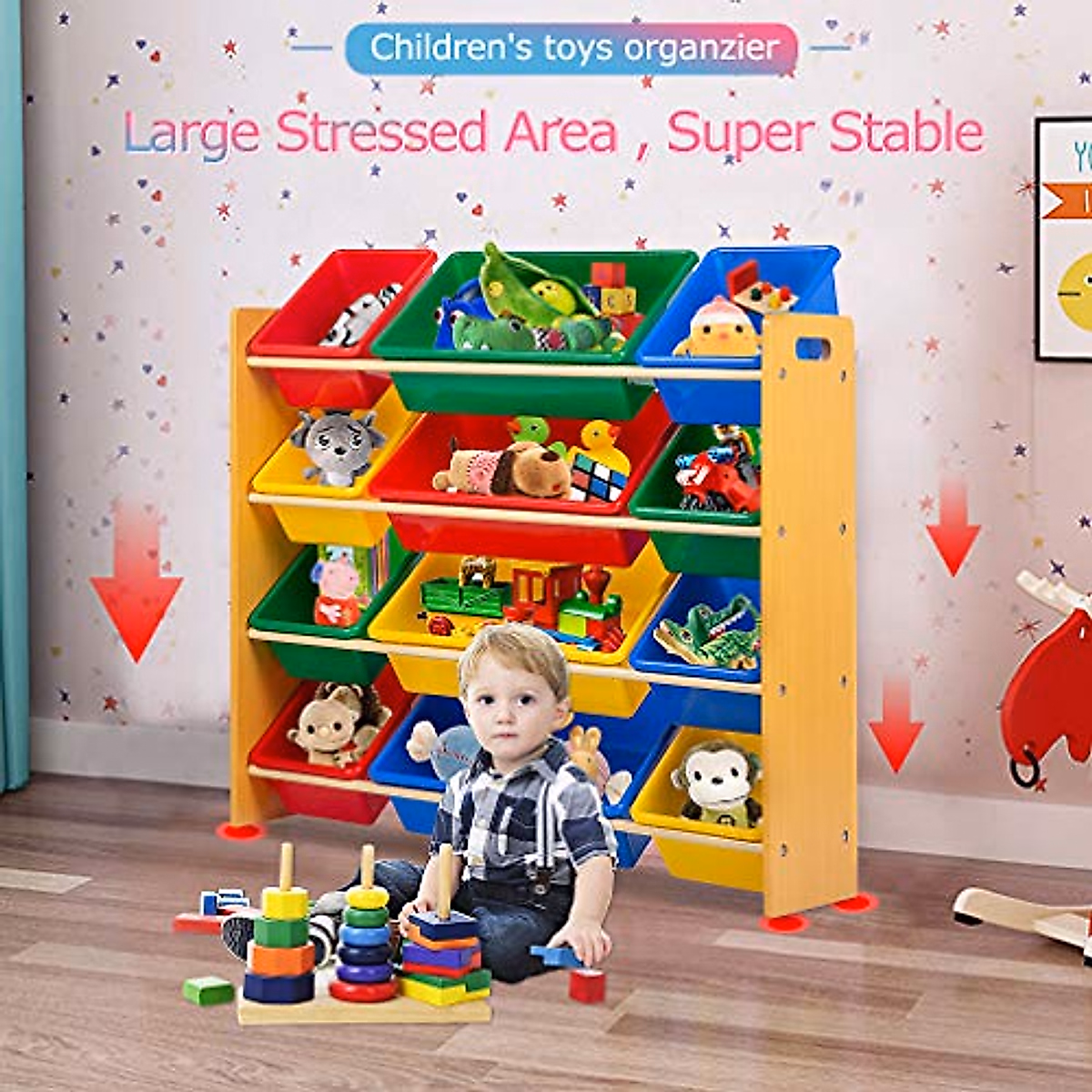 FDW Toy Organizer Storage Kids Box Playroom Bedroom Shelf Drawer with Plastic Bins,Nature