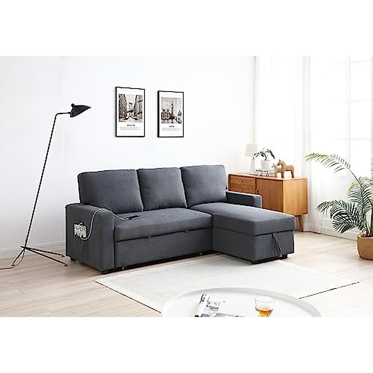 uhome Upholstered Sleeper Sofa with USB Ports sectional Couch Reversible Sofabed, Full XL, Black