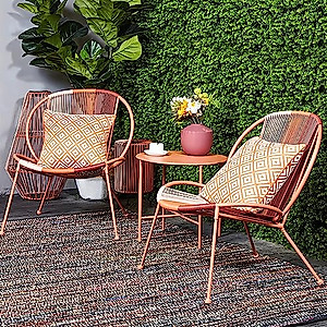 Grand patio Outdoor Acapulco 3-Pc Steel Low Seat Lounge Bistro Set, Open Weave Wicker Small Seating Set with Reclined Back for Balcony, Patio, Pool, Garden, Backyard, Tangerine