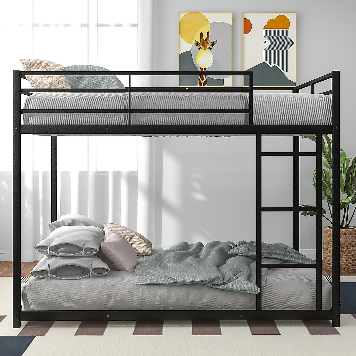 SOFTSEA Low Bunk Bed with Built-in Ladder Full Over Full Floor Bunk Beds Heavy Duty Metal Bunk Bed with Full-Length Guardrail