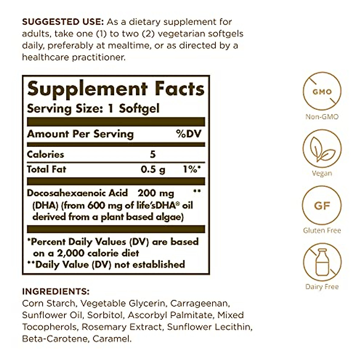 Solgar Vegetarian DHA 200 mg - 50 Vegetarian Softgels - Naturally Sourced Omega-3 - Vegan, Gluten Free, Dairy Free - 50 Servings