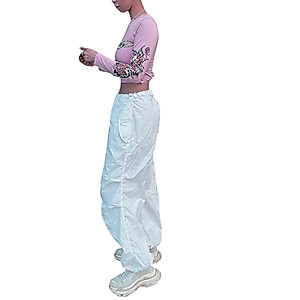 Womens Baggy Cargo Pants Casual Low Waist Adjustable Drawstring Joggers Sweatpants Trousers Punk Streetwear (White, M)