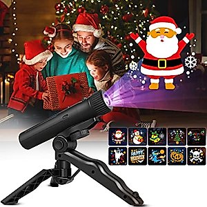 Christmas Projector Lights Indoor 2 in 1 LED Projector Light Flashlight with 10 HD Never-Fading Patterns Home Xmas Halloween New Year Decorations