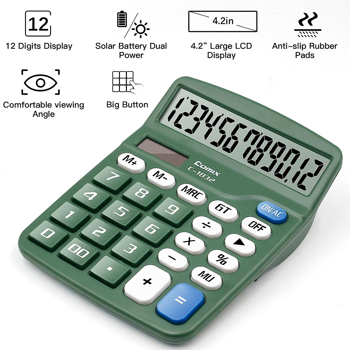 Comix Desktop Calculator 12 Digit with Large LCD Display and Big Button, 12 Digits Baisc Calculator, Solar Battery Dual Powered, for Office Home School C-1832(Green)