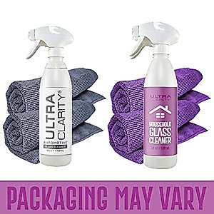 Ultra Clarity Household Window & Glass Cleaning Spray Kit, 18 oz Spray & 2 Large Premium Microfiber Cloths, Mirrors, Shower Door, Electronic Screens, Optical Grade Streak-Free Home Cleaner