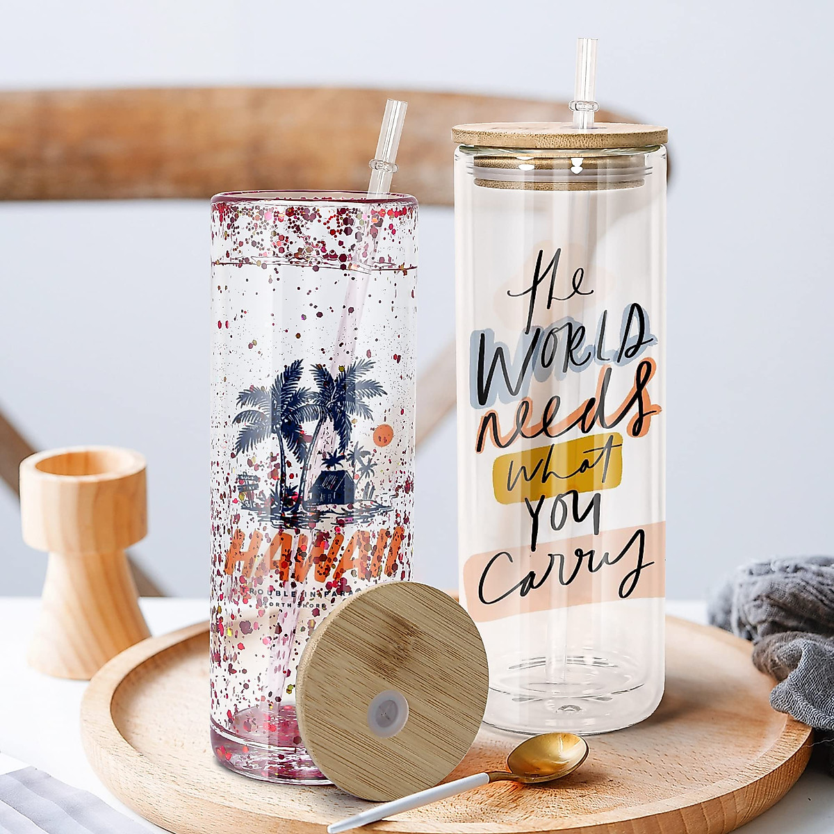 AGH 25OZ Snow Globe Glass Tumbler,2 Pack Sublimation Glass with Bamboo Lids and Straws, Double Wall Sublimation Beer Can Glasses Can Shaped Tumblers with Pre Drilled Hole for DIY