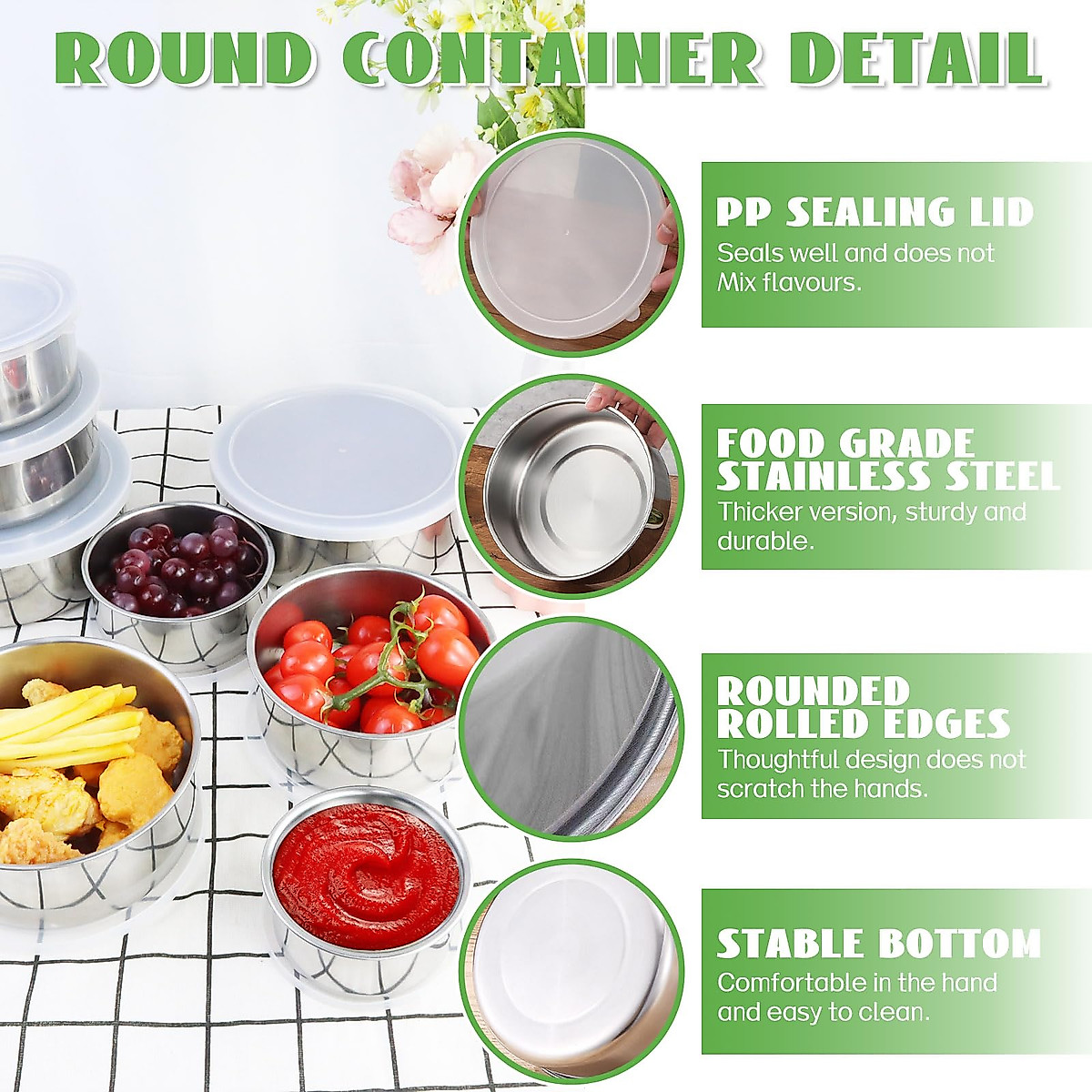 LELE LIFE 10 Pack 5 Sizes Stainless Steel Food Containers with Lids- 240/370/605/835/1200ml - Nesting Stainless Steel Food Storage Containers for Leftovers, Lunch Box, Snacks, Camping, Picnic (10PCS)