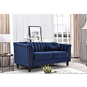 US Pride Furniture Modern Luxury Velvet Couch for Living Room with Turned Wood Legs and Removable Cushions, Contemporary 3 Seater Accent Piece, 61.4'' Wide Sofa, Dark Blue