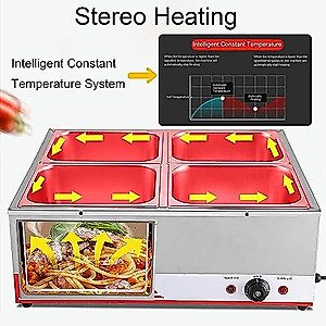 4-Commercial Electric Food Warmer Buffet Server Food Warming Tray, 1500W Stainless Steel Food Steamer Soup Station, for Restaurants, Catering, Cafeterias, Home Parties, Hotels