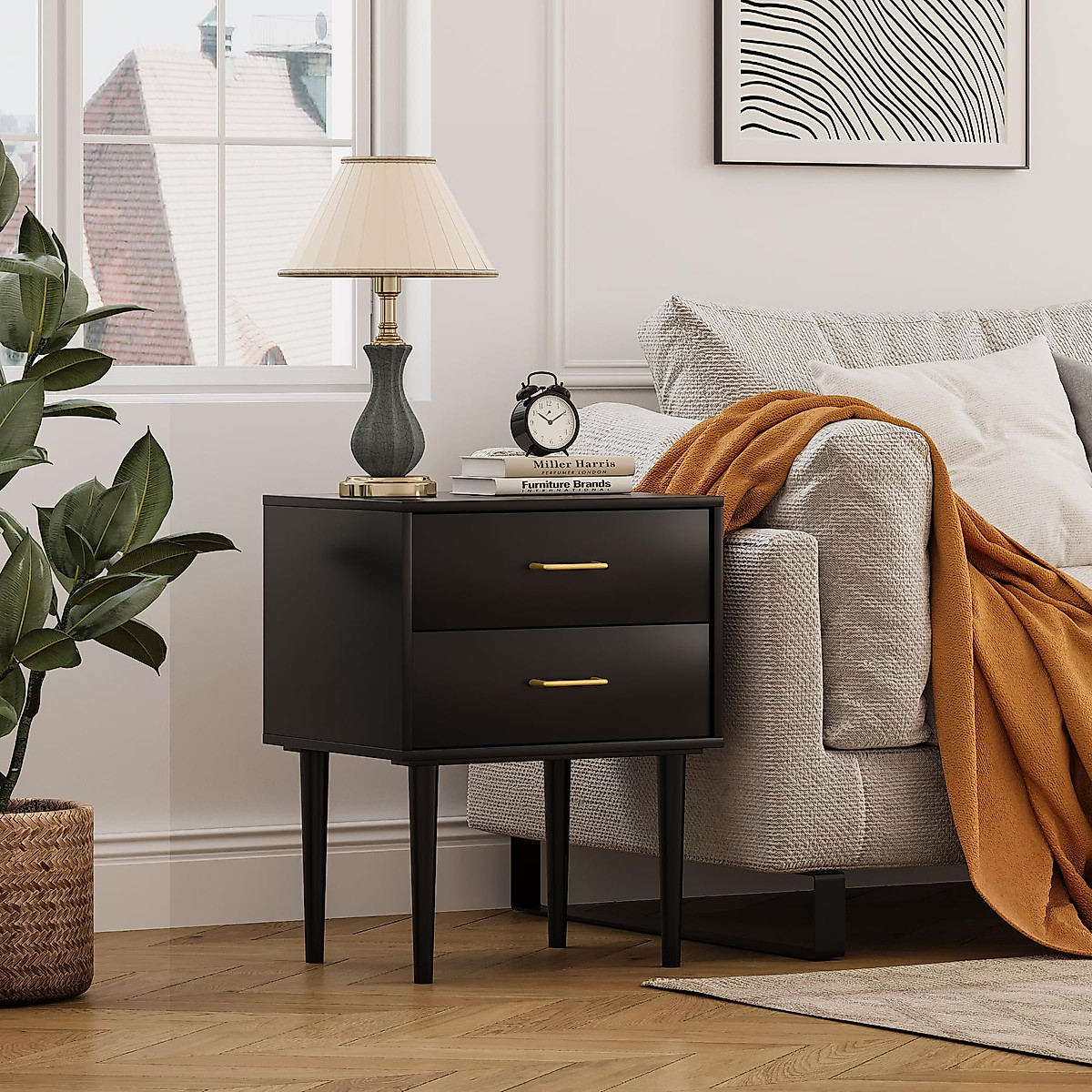 Modern Nightstand with Drawers Black Night Stands for Bedroom,Wood Bedside Table with Drawers,Nightstands Suitable for Salon and Office,Mesita De Noche para Cuarto,26 Inch Tall,2- Drawer