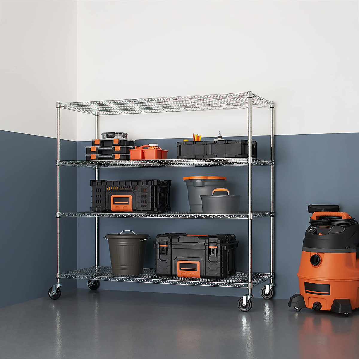 TRINITY Basics 4-Tier Adjustable Wire Shelving with Wheels for Kitchen Organization, Garage Storage, Laundry Room, NSF Certified, 600 to 1800 Pound Capacity, 60” by 24” by 54”, EcoStorage Chrome