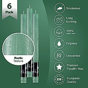 SPAAS Rustic Green Dinner Candles - 10" Tall Rustic Candles, Set of 6 Dripless Green Candles - Unscented Long Burning Decorative Candles for Home Decor, Table Candles, Party, Weddings, and Holiday