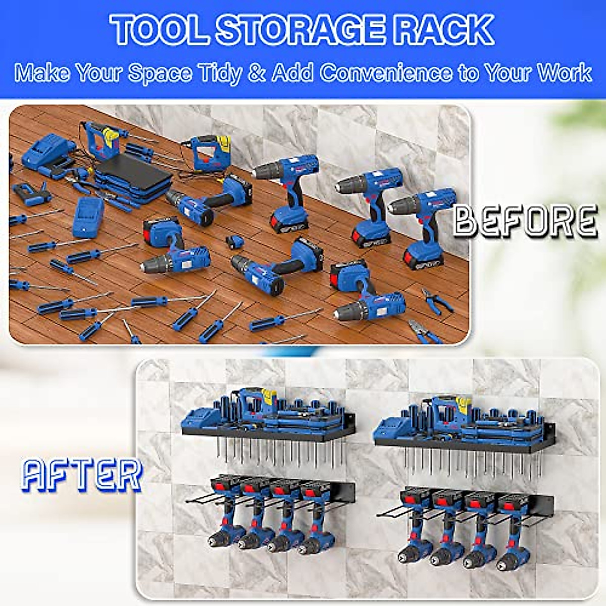 Power Tool Organizer - (4-pack/2 set) Drill Holder Wall Mounted, Utility Power Tool Storage Rack for Drill, Solid Garage Tool Storage Shelves, Separated Tool Rack for Warehouse Workshop Men Father