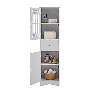 Merax Freestanding Linen Tower Bathroom Storage Cabinet with Adjustable Shelf, Drawer and 2 Doors, Tall Slim, 16.5" L x 14.2''W x 63.8''H, White