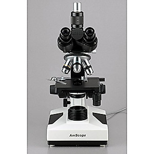 AmScope T490A-DK Compound Trinocular Microscope, WF10x and WF16x Eyepieces, 40X-1600X Magnification, Brightfield/Darkfield, Halogen Illumination, Abbe Condenser, Double-Layer Mechanical Stage, Sliding Head, High-Resolution Optics