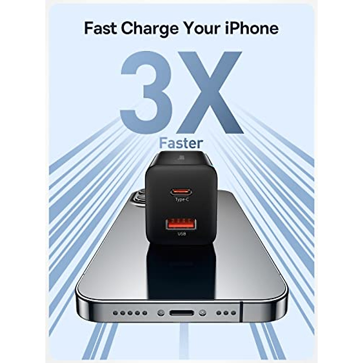 USB C Charger, Baseus 30W Dual Port USB C Charger Block, Fast Compact PD Charger with Foldable Plug for iPad Pro/Air/Mini, iPhone 14/14 Pro/14 Pro Max/13 Pro/12/SE/11/XR/XS, Samsung, Pixel 6, Black