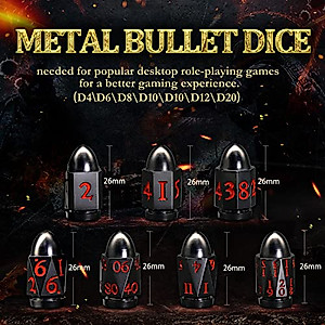 Metal Bullet Dice Set, DND Dice Set Dungeons and Dragons Dice, ZHOORQI D6 Dice Set D&D Dice Gifts for Role Playing Games, Pathfinder, Warhammer 40k or Theme Tabletop Games（7Bullet-Black Red）