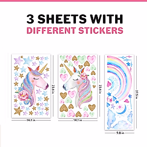 vkbuou Unicorn Rainbow Wall Decals Removable Wall Stickers for Girls Bedroom with Heart Star Cloud Rainbow Perfect Unicorn Wall Decals to Decorate Kids Room Nursery Birthday Party (3 Sheets)