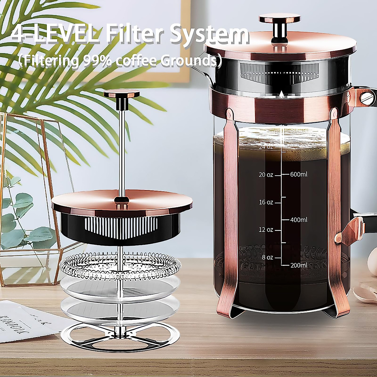 YMMIND French Press Coffee Maker 304 Stainless Steel Coffee Press,with 4 Filters System, Heat Resistant Thickness Borosilicate French Press Glass, BPA-Free Brewed Tea Pot Coffee Plunger